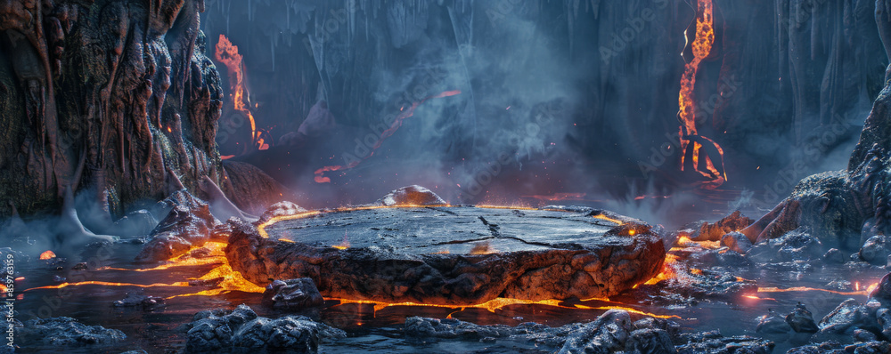 A volcanic podium background with a podium sculpted from cooled lava ...