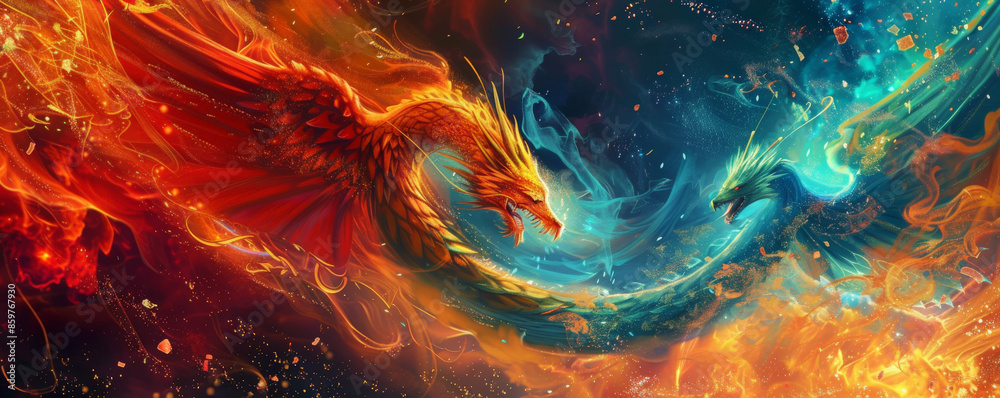 Dragon and Phoenix: A dragon and phoenix together on a vibrant backdrop ...