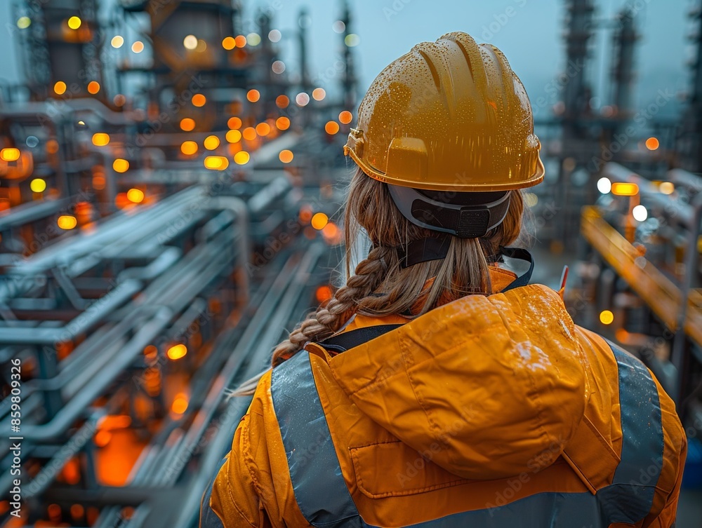 Engineer overseeing operations at a petroleum refinery. Safety helmet ...