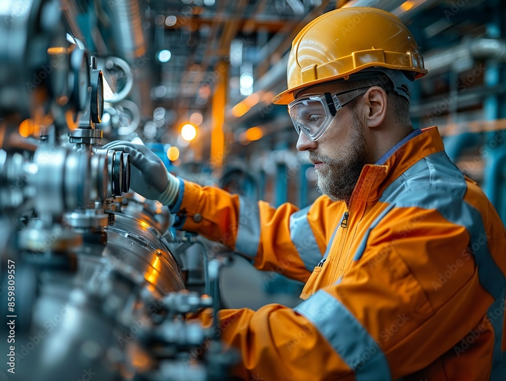 Engineer analyzing processes at a chemical plant. Safety gear ...