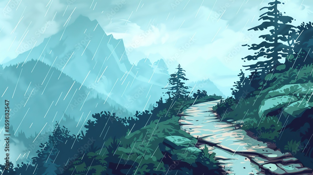 Rain on a mountain trail, flat design, side view, misty path, cartoon ...