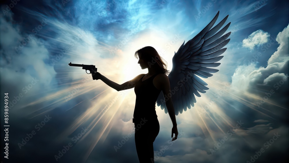 Silhouette of an angel holding gun on background, angel, silhouette ...