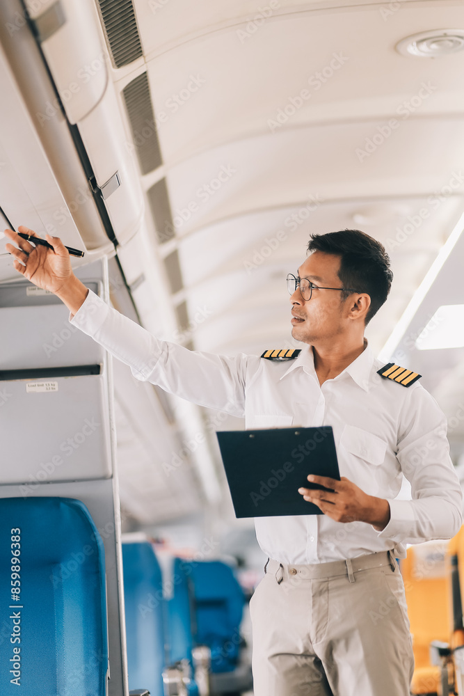 Portrait of a trained airplane captain in uniform preparing to fly in a ...