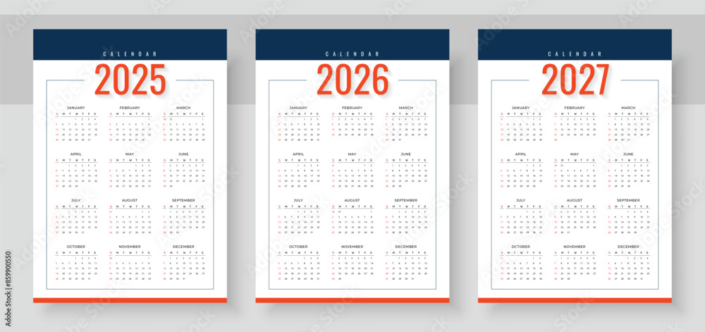 Calendar 2025, calendar 2026 and calendar 2027. Week start Sunday ...