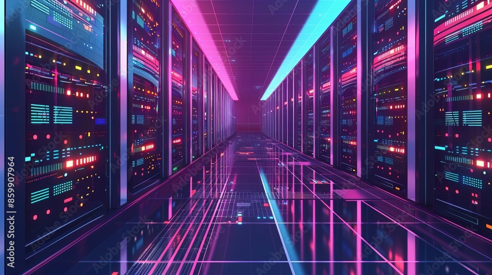 global connectivity flat design side view data center cartoon drawing ...