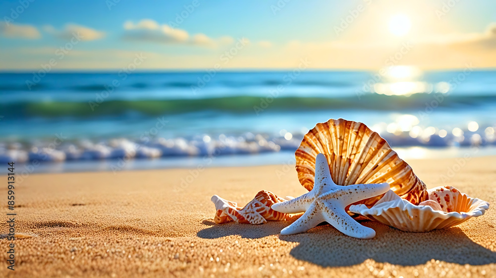 Beautiful sea shells create an enchanting beach scene with its natural ...