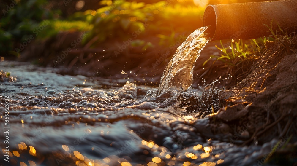 Water flowing out of pipe into river in nature, closeup. Water planning ...