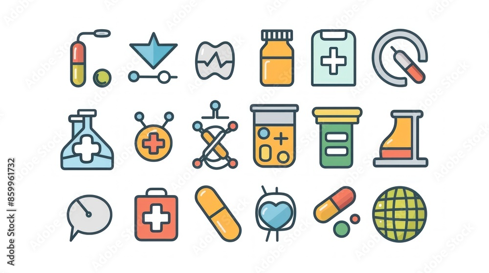 A comprehensive set of 2D health icons featuring hospital symbols ...