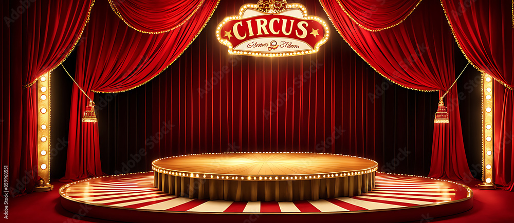Circus stage podium background 3D carnival light red show curtain ...