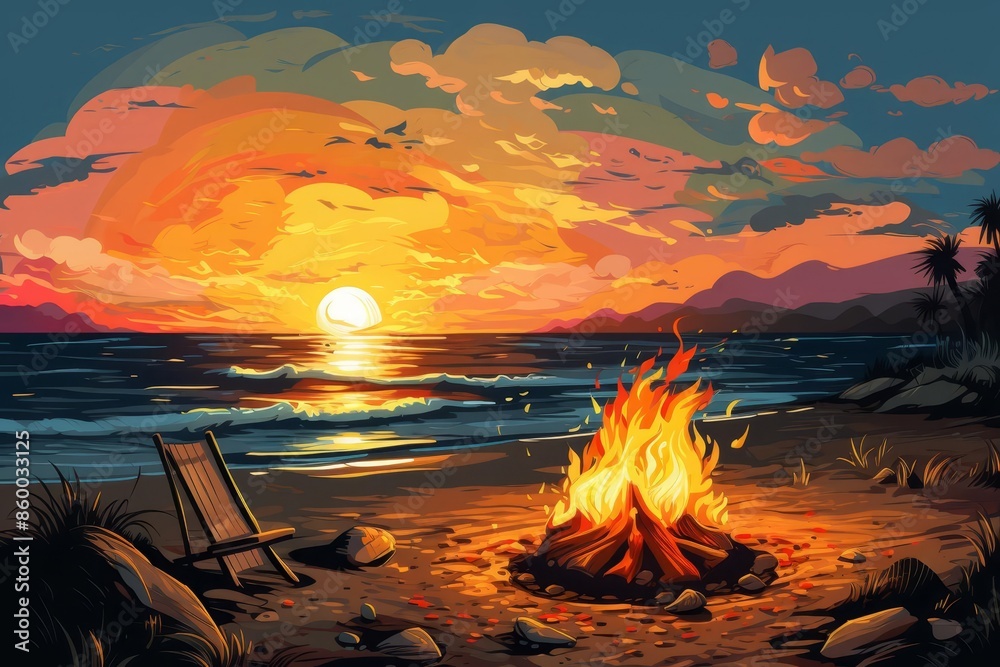 Bonfire on the beach during summer solstice flat design, top view ...