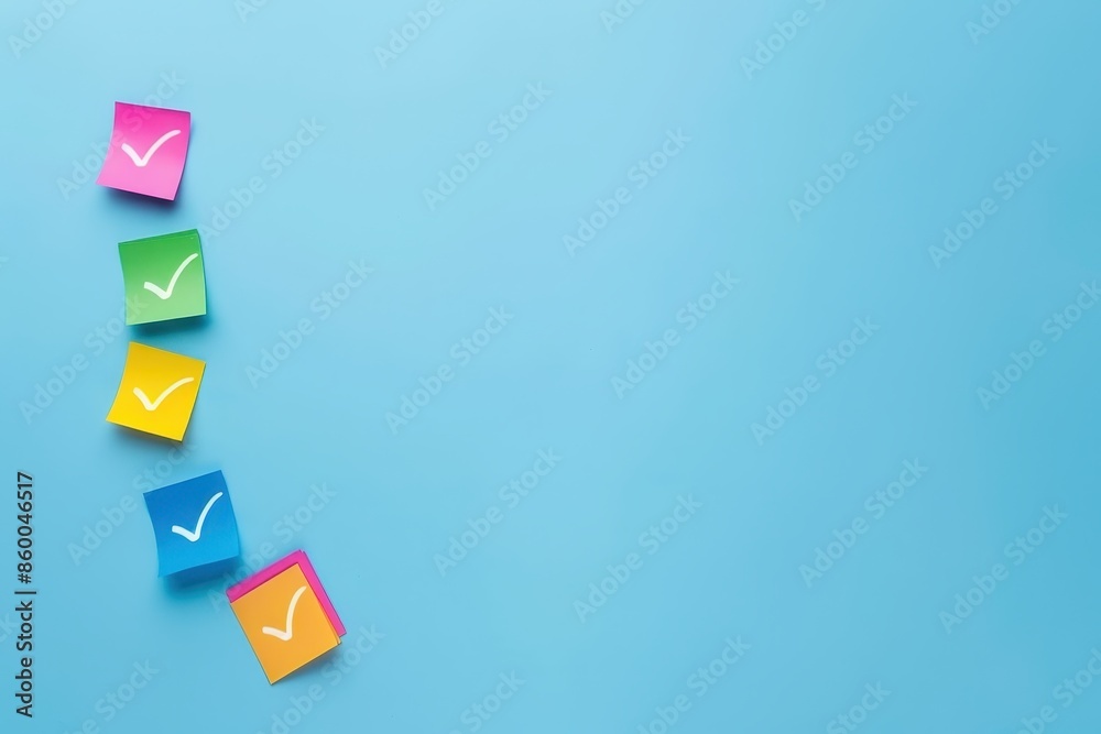 Colorful sticky notes with check marks on a blue background ...