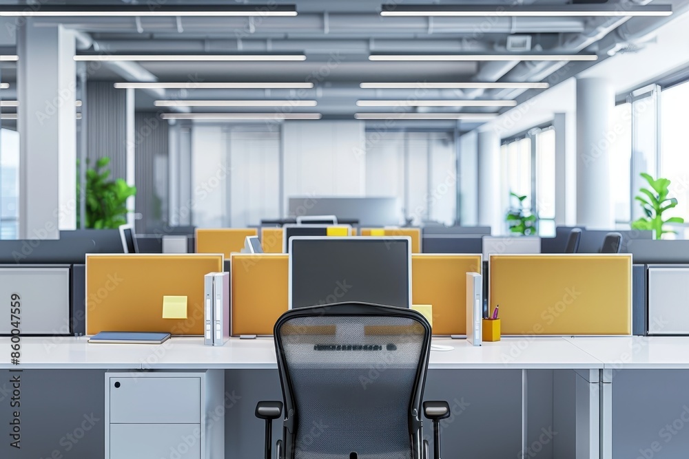 Modern open-plan office workspace featuring clean desks, ergonomic ...