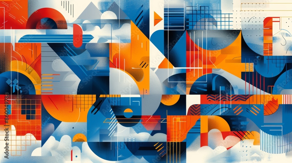 an abstract and detailed illustration using bold blue and vivid orange ...