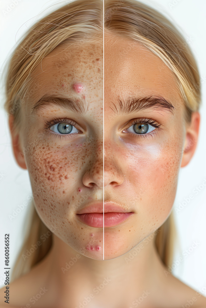 Pimples and acne on the woman`s face before and after. Cosmetics to ...