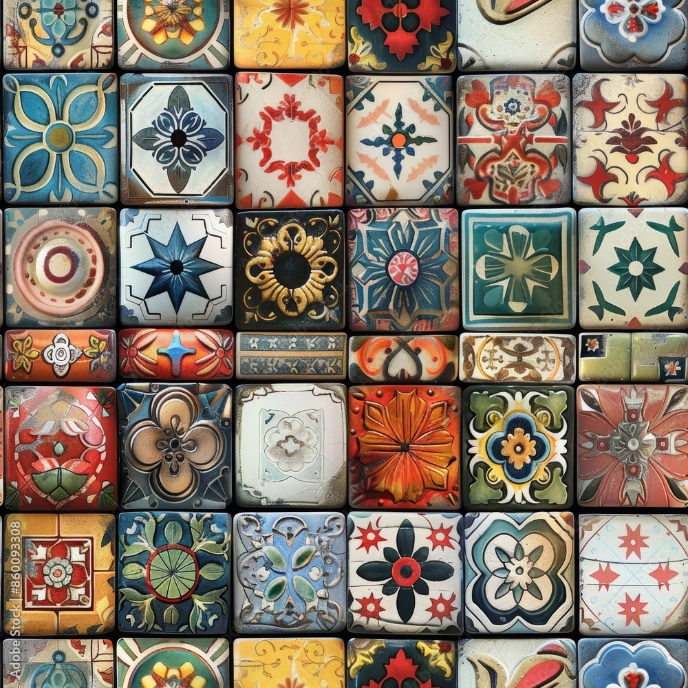 A colorful mosaic of tiles with various shapes and designs. The tiles ...
