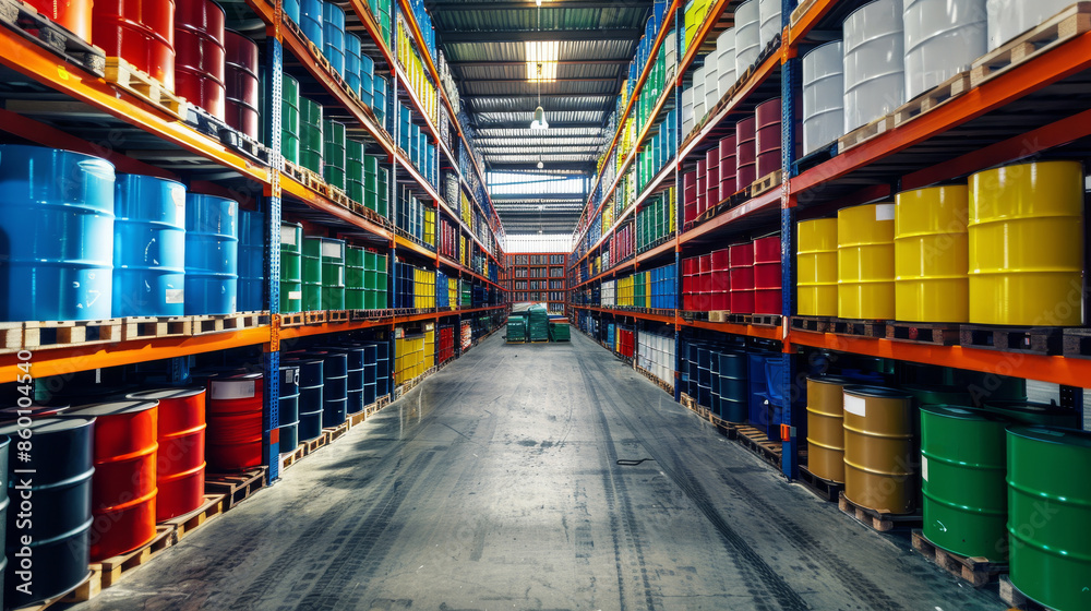A chemical storage warehouse with rows of shelves filled with drums and ...