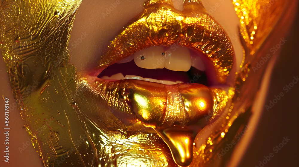 Gold Paint smudges drips from the face lips and nails lipgloss dripping ...