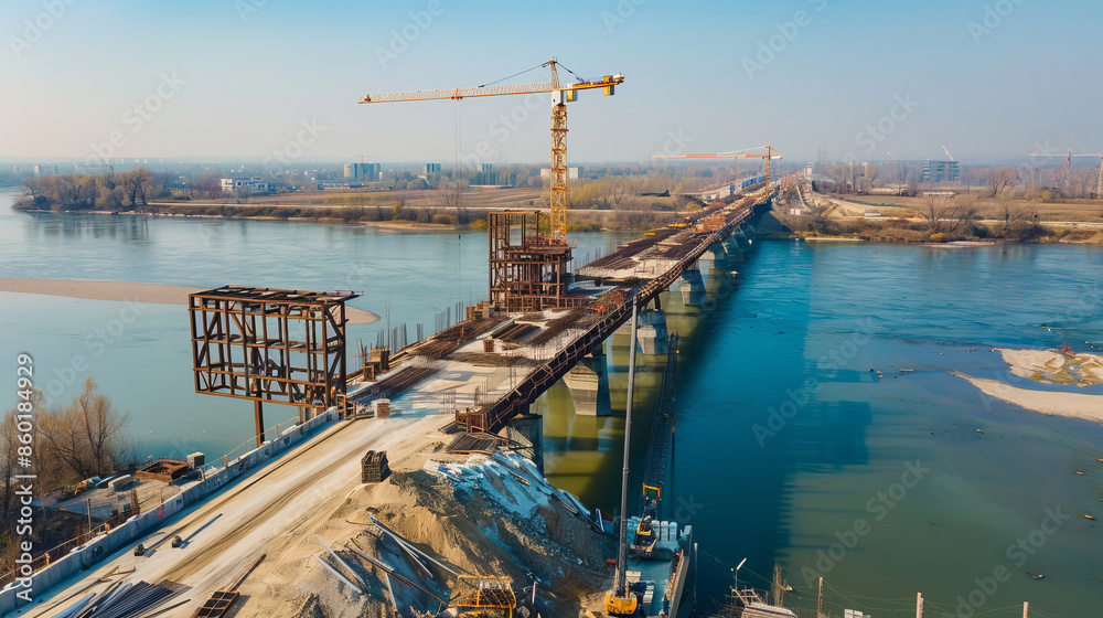 Construction of a bridge across the river, work crews install steel ...