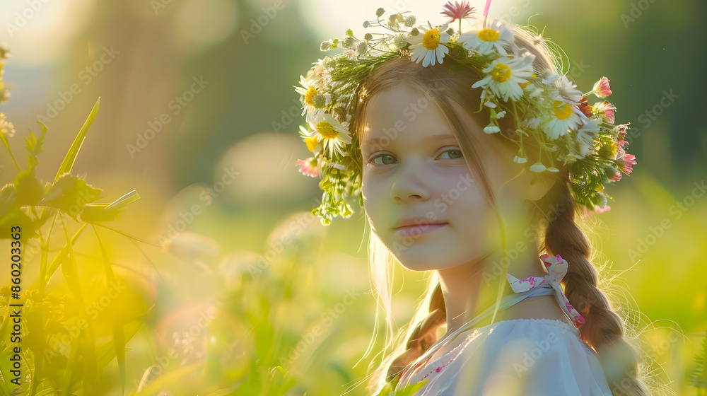 girl in flower wreath on meadow sunny green natural background Floral ...