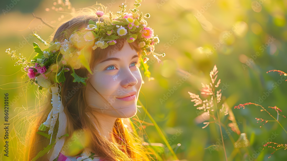 girl in flower wreath on meadow sunny green natural background Floral ...