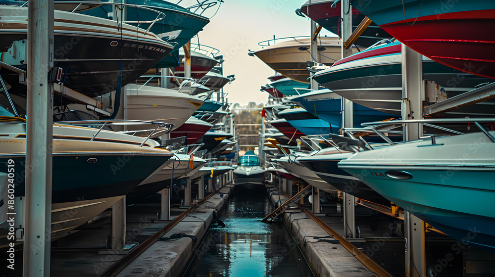 Boats stacked up in racking in a dry storage facility Stock Photo ...