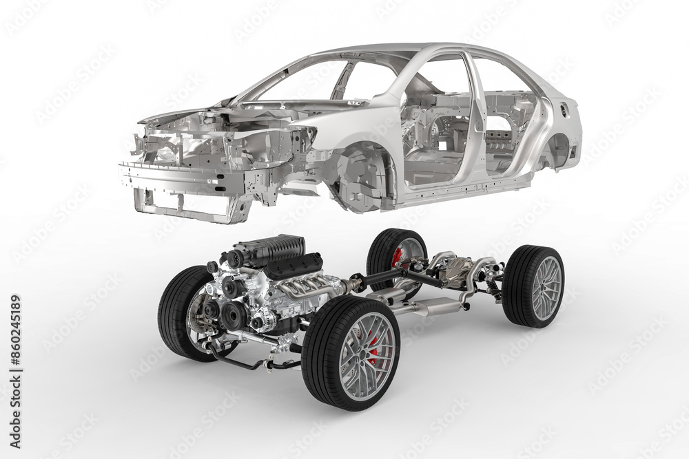 Drivetrain, chassis and car body -explode view. Vehicle body ...