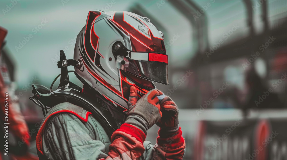 Race car driver preparing for the race, tightening helmet and gear ...