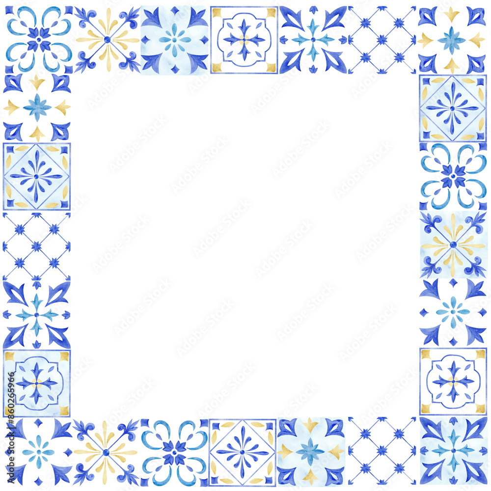 Watercolor mediterranean traditional tiles frame border. Illustration ...