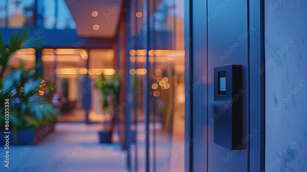 Modern office building entrance with glass doors and keypad access ...