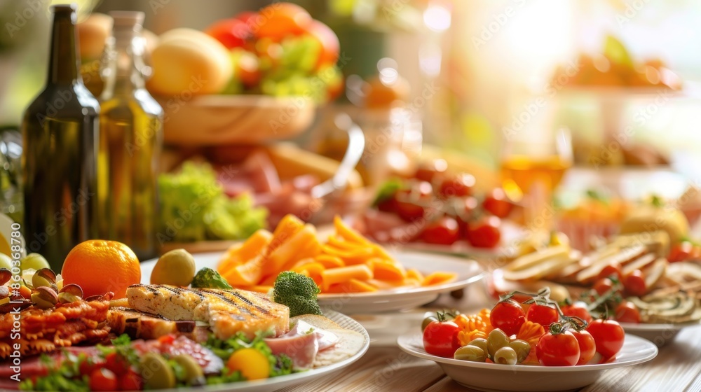 Various restaurant foods are arranged on the table, creating space for ...