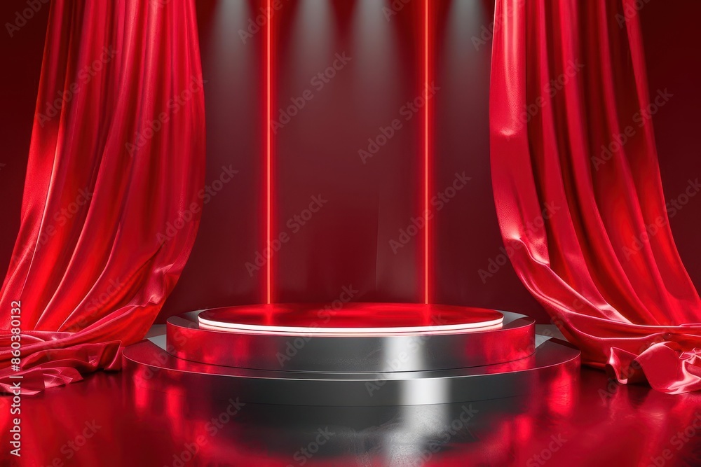 triumphant podium reveal sleek silver stage with flowing red curtains ...