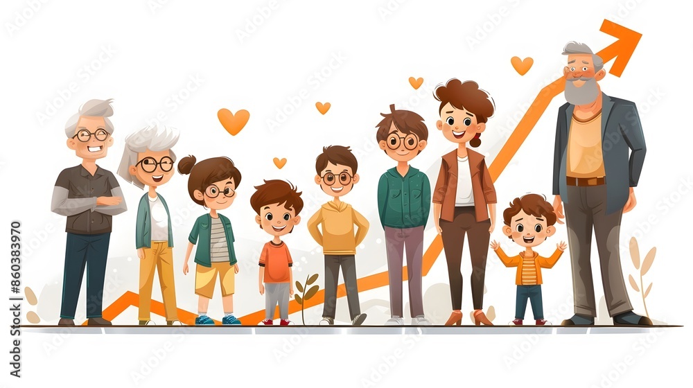 kids, mother, father, grandparents, young people, under a growing arrow ...