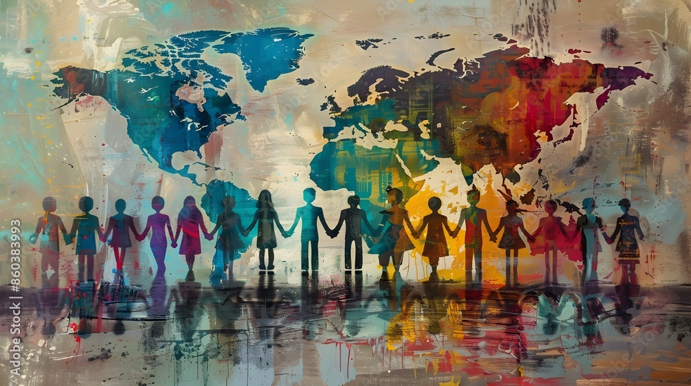 different humans holding hands around the vibrant world map. unity in ...