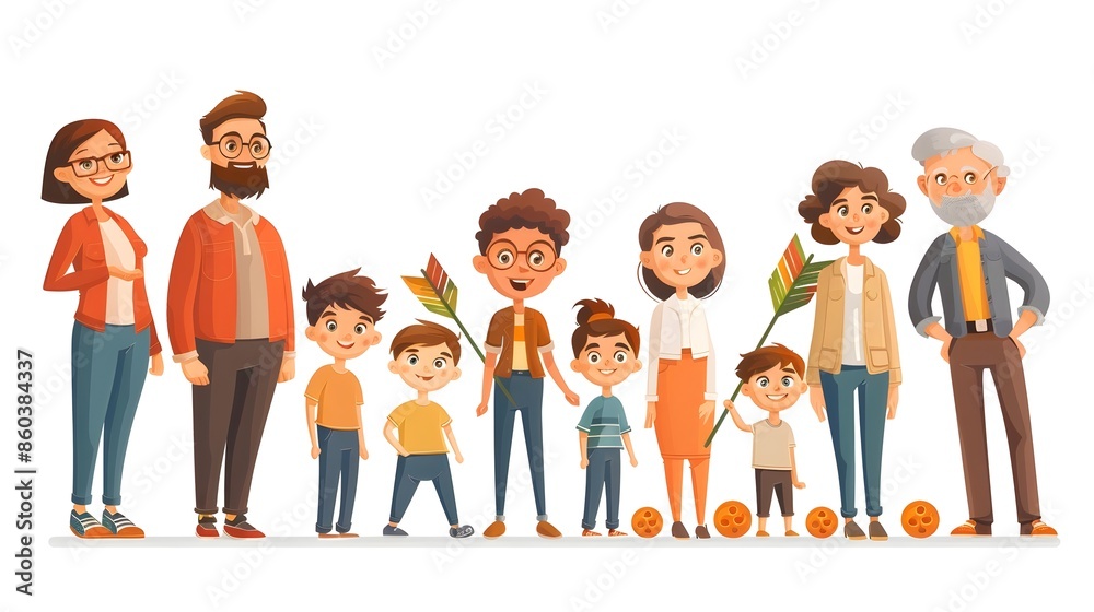 kids, mother, father, grandparents, young people, under a growing arrow ...