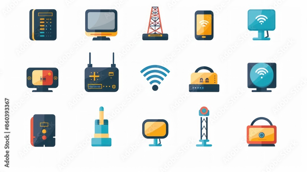 Collection of 2D icons showcasing various networking devices including ...
