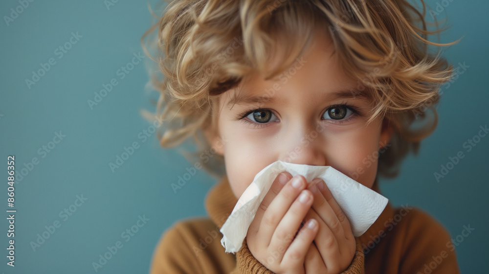 little boy with flu wipes nose from a runny nose with a napkin Stock ...