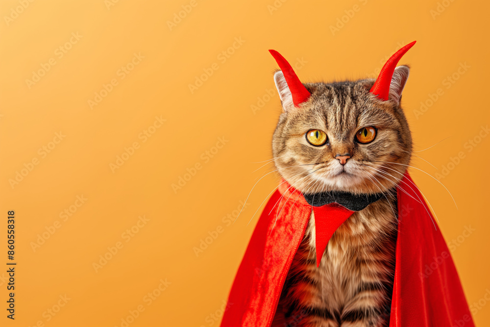 A mischievous feline is costumed as a devil complete with horns and a ...