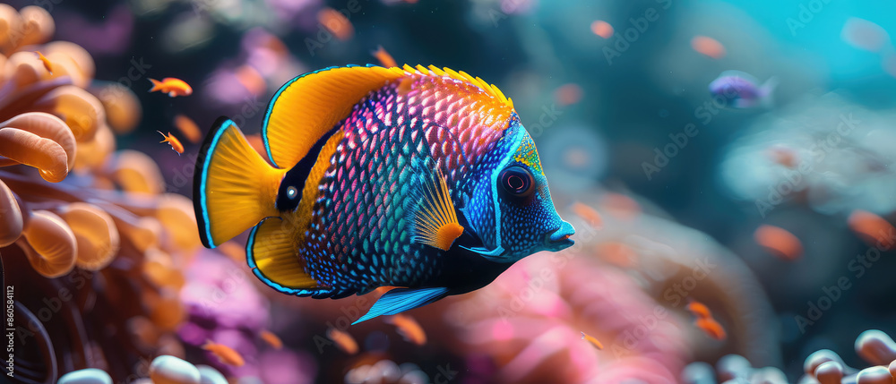 Close-Up of Regal Angelfish in Coral Reef, macro shot, vivid underwater ...