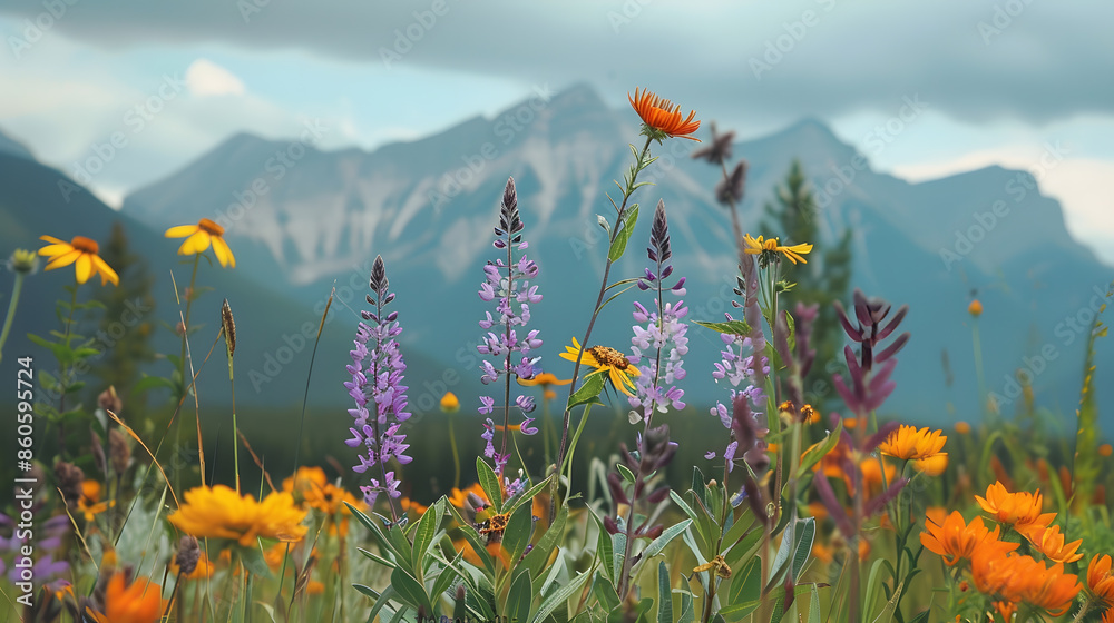 Tall colorful wild flowers in front of mountain range outlook in Banff ...
