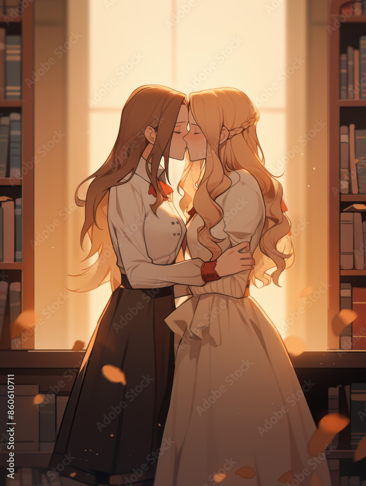 Super cute lesbian gay couple kissing each other Stock Illustration | Adobe Stock