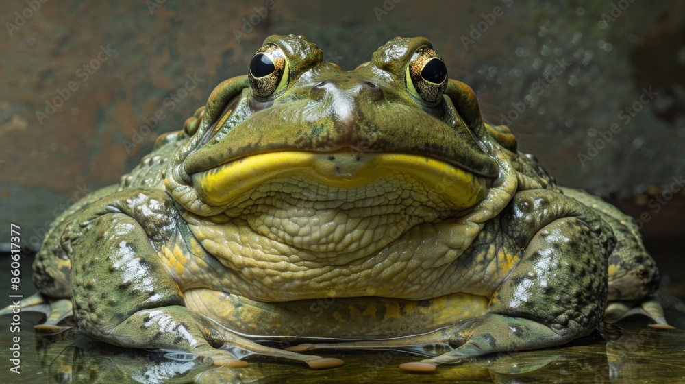 A detailed close-up photograph of a large frog sitting on a wet surface ...