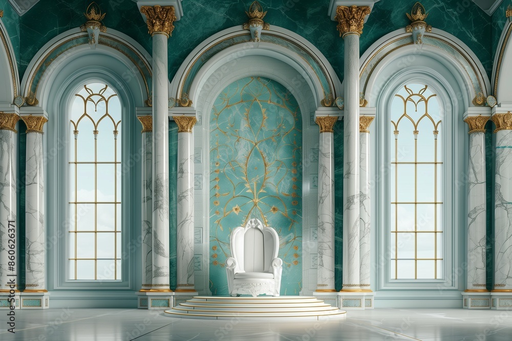 A beautifully decorated throne hall featuring a white throne ...
