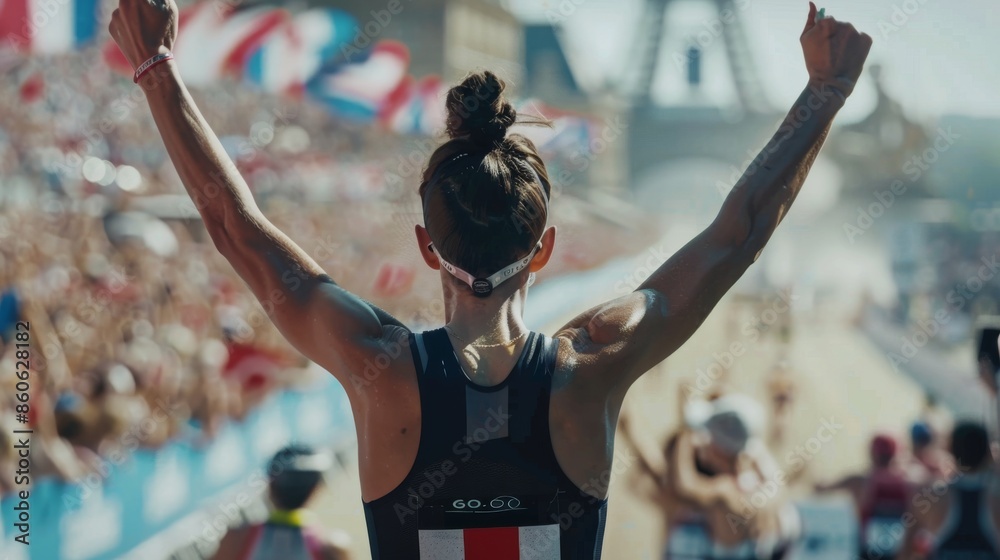Victorious Moment at the Finish Line of a Triathlon Event during the ...