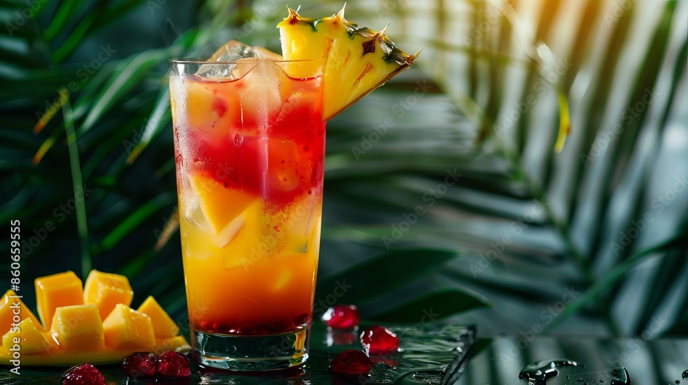 Vodka-based cocktail with pineapple, mango, and red syrup on ice. Can ...