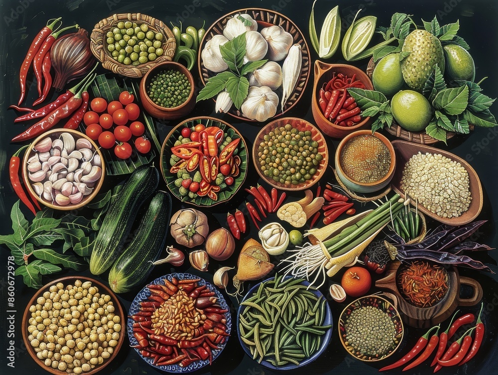 Vibrant Pop Art Display of Isaan Food Ingredients and Their Health ...