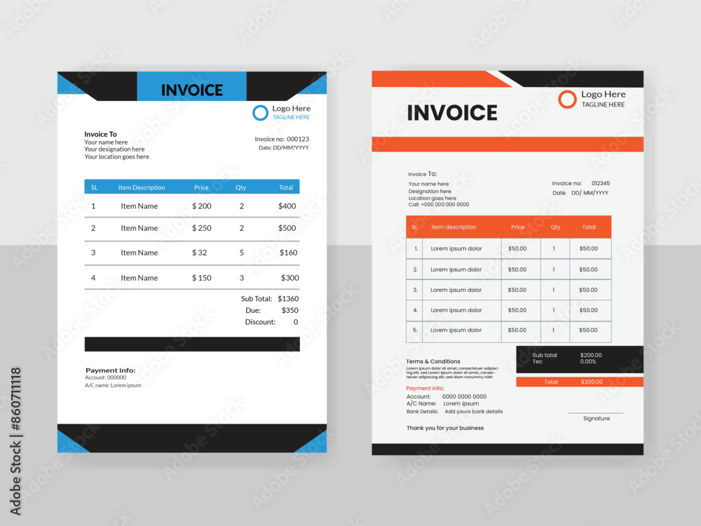 Business invoice layout template A4 size. Invoicing quotes, money bills ...