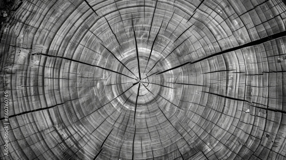 This monochrome photo captures the detailed cross-section of a tree ...