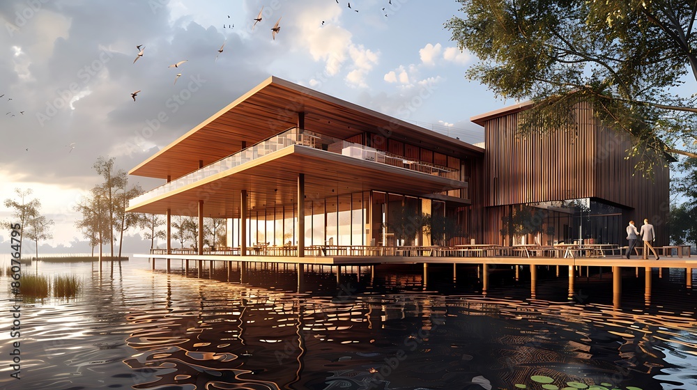 floating conference center with wooden cladding and expansive terraces ...