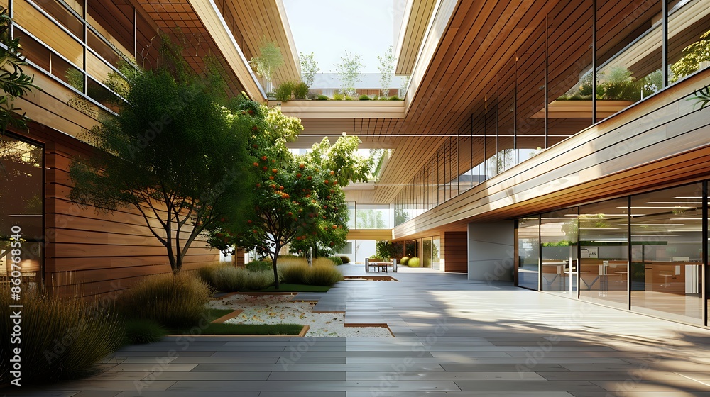 high-tech office complex with a dynamic wooden facade that adjusts ...