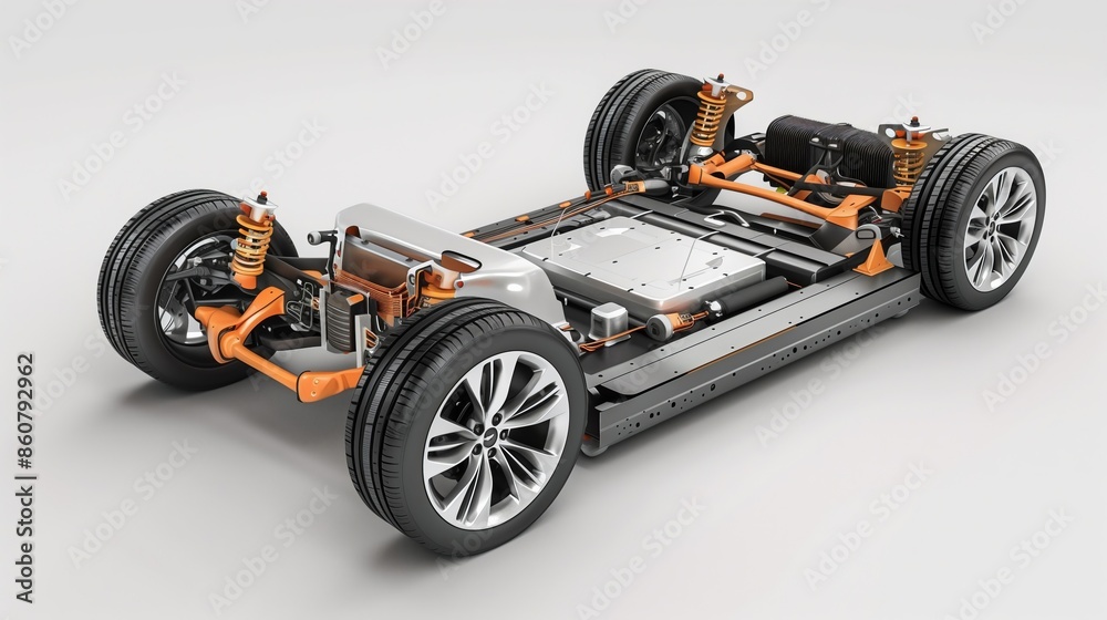 Detailed view of an electric car chassis featuring battery pack, motors ...
